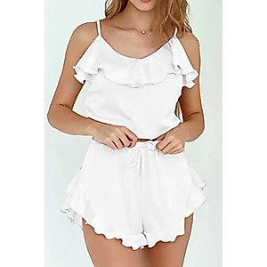 CHYRII Women's Sexy Silk Satin Ruffled Pajamas Sets Cami Shorts Sets Cute PJS Lingerie Slppewear Set White L