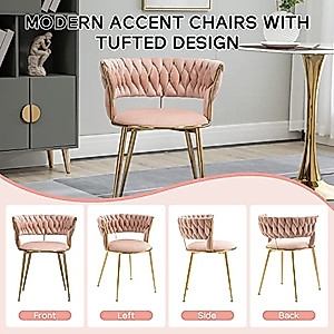 LETESA Velvet Dining Chairs Set of 2 with Hand Woven Hollow Backrest Design, Modern Upholstered Accent Chairs with Gold Metal Legs, Vanity Chairs for Dining Room, Living Room (Pink)
