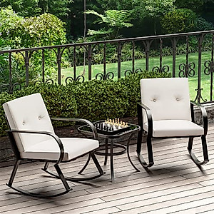 Greesum 3 Pieces Patio Furniture Sets, Outdoor Conversation Rocking Chairs with Soft Cushions and Glass Coffee Table for Balcony, Porch, Yard, Beige