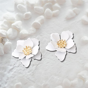 Chic Cute Boho Matte Flower Statement Stud Earrings with Gold Flower Bud for Women Sister Mom Lover and Friends (White)