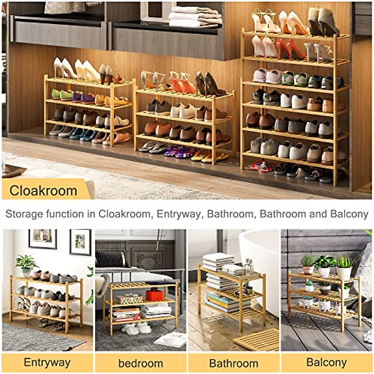 Furshus 3-Tier Bamboo Shoe Rack for Entryway, Stackable | Heavy Duty | Multi-Function, Free Standing Shoe Racks for Bedroom Hallway Closet