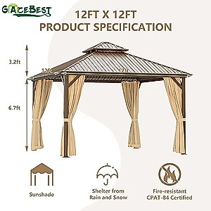 GAZEBEST 12'x12' Hardtop Gazebo, Outdoor Aluminum Patio Gazebo Double Roof Galvanized Steel Canopy with Netting and Curtains,for Garden Patio, Backyard, Deck and Lawns.