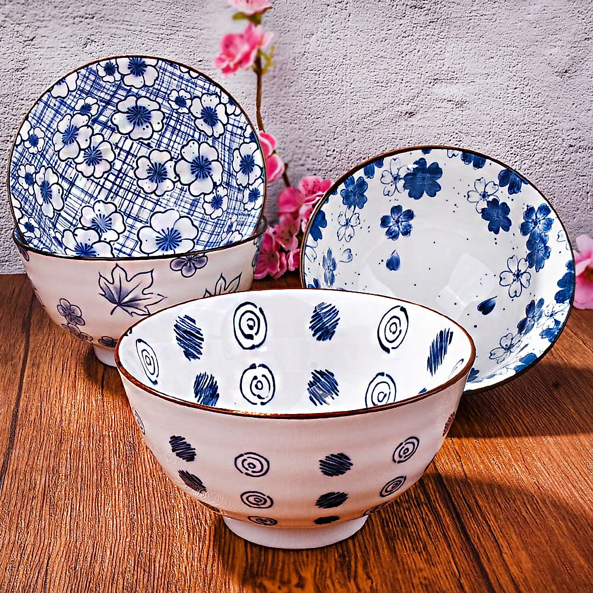 LMRLCS Ceramic Rice Bowls, 4.5 inch Rice Bowl, White and Blue Rice Bowls for Soup Oat Rice Snack