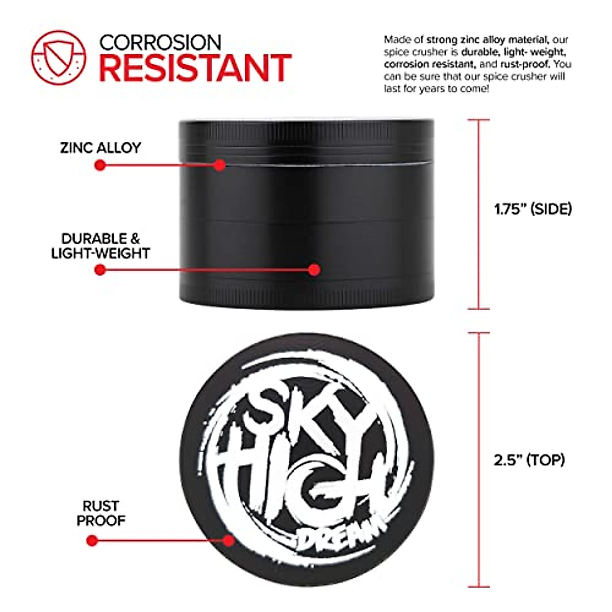 Zinc Alloy Spice & Herb Crusher - Corrosion Resistant & Rust Proof - Diamond Teeth - Crusher for Dried Spices, Bay Leaves, Basil, Myrcia, Rosemary