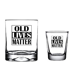 Rogue River Tactical Funny Old Lives Matter Joke Fashioned Whiskey And Shot Glass Bundle Drinking Cup Gag Gift Set For Him Her Men Dad Mom Grandpa Birthday or Retirement Combo Gift Set
