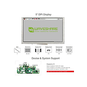 Waveshare 5inch Display Compatible with Raspberry Pi 5/4B/3B/Zero/Zero W/Zero 2W/Pico/Pico W/Pico WH 800×480 Resolution DPI Interface IPS No Touch