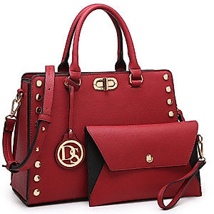Dasein Women Medium Satchel Handbag Work Tote Shoulder Bag Top Handle Purse with Matching Clutch 2pcs Set (Red)