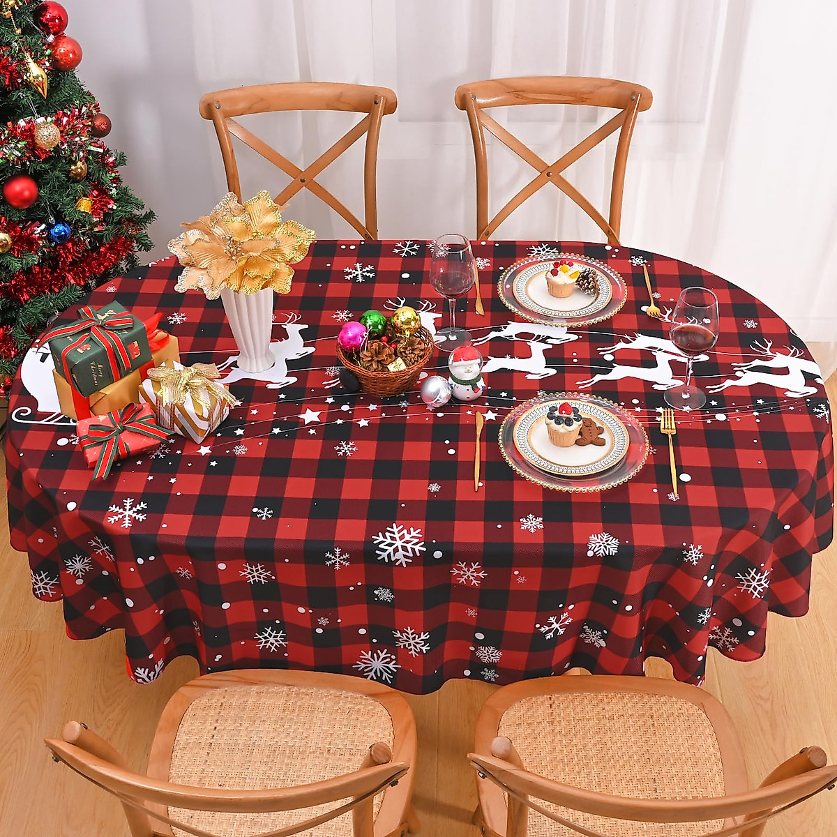 Alishomtll Christmas Tablecloth Oval 60x84 Inch, Red and Black Checkered Table Cloth Oval Tables for Christmas Decor, Snowflake Waterproof Table Decorations