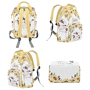 Sweet Sunflower Little Cow Personalized Diaper Backpack with Name,Custom Travel DayPack for Nappy Mommy Nursing Baby Bag One Size