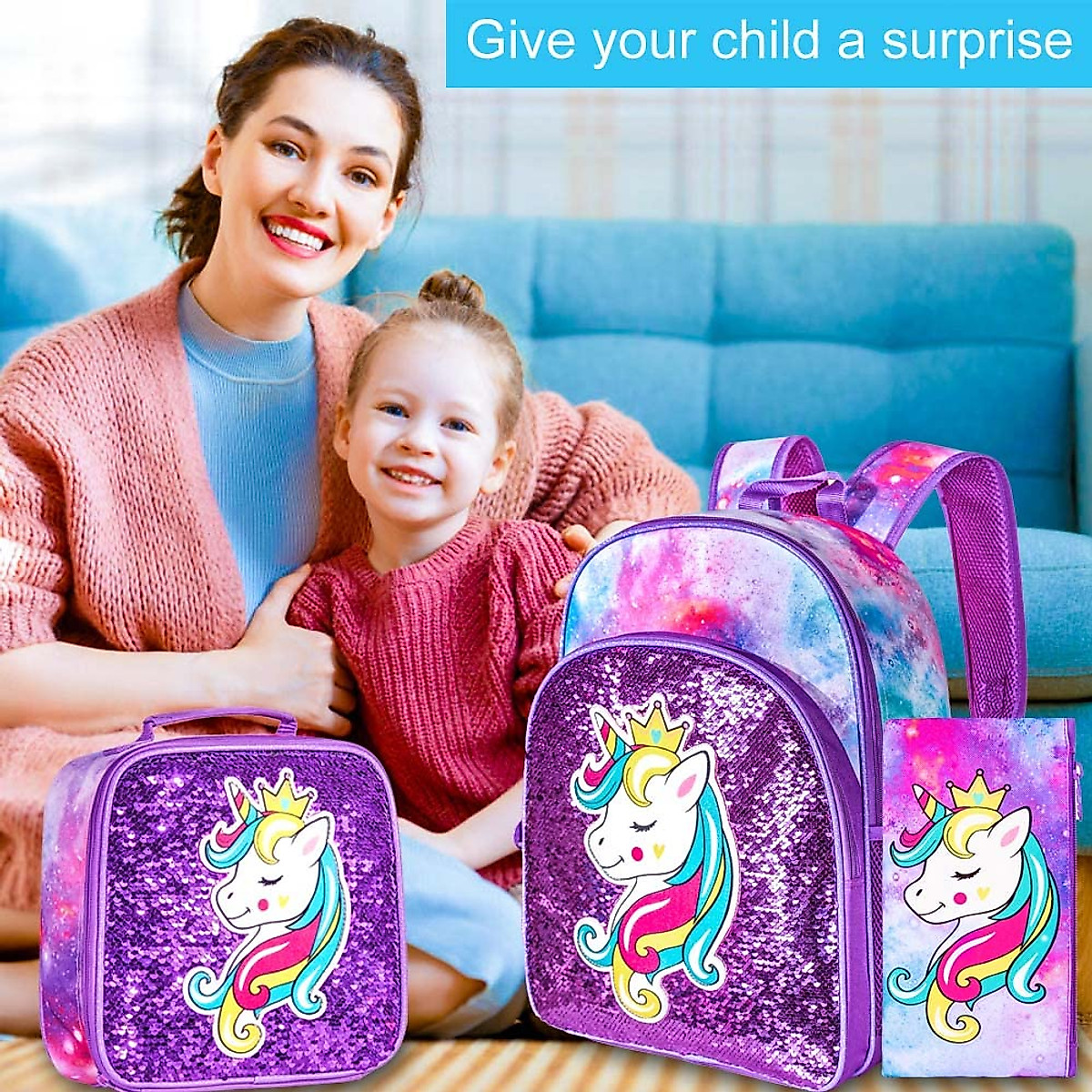 TXHVO 3PCS Unicorn Backpack for Girls, 16" Sequin Kids Bookbag with Lunch Box, School Backpacks for Elementary Preschool Preschool- Purple