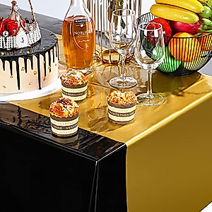 Tablecloth Black Plastic Table Cover Rectangle Disposable Tablecloth Set for Graduation Birthday Wedding Anniversary Picnic Festive Events Party Table Decoration Supplies (Black and Gold, 6)