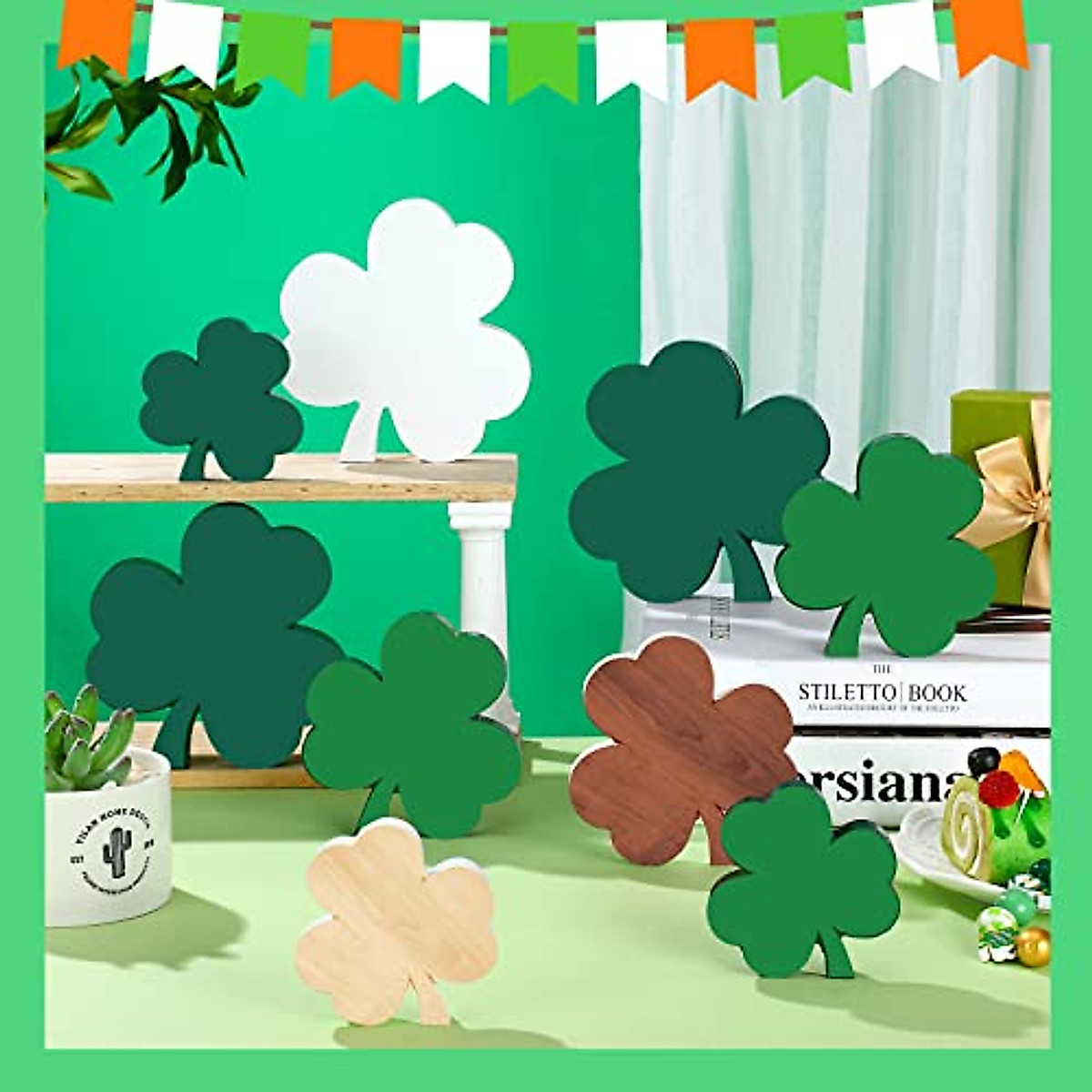 9 Pcs St Patrick's Day Wooden Table Decor Centerpiece Block Shamrock Shape Irish Patty's Tiered Tray Tabletop Sign Decor for Office Dining Room Mantle Home Wood Saint Patrick Party Supplies