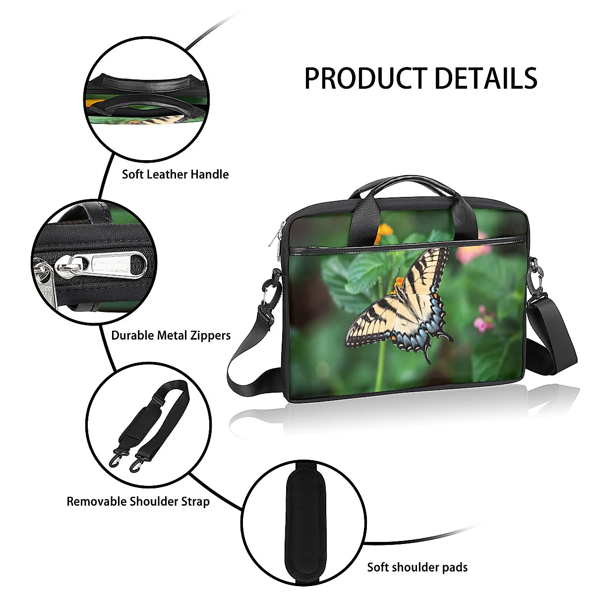Butterfly Flower Design Laptop Computer Bag Waterproof Shoulder Messenger Bag 13-15 inch Durable Laptop Tote Bag with Shoulder Strap Handle Lightweight Crossbody Briefcase