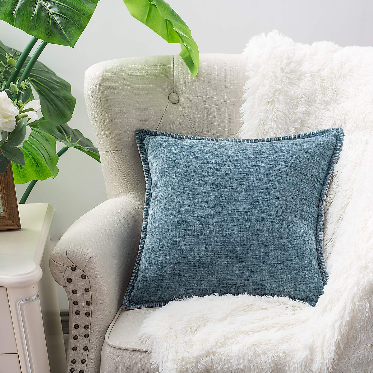 CaliTime Throw Pillow Cases Pack of 2 Cotton Thread Stitching Edges Solid Dyed Soft Chenille Cushion Covers for Couch Sofa Home Farmhouse Decoration 18 X 18 Inches Smoke Blue