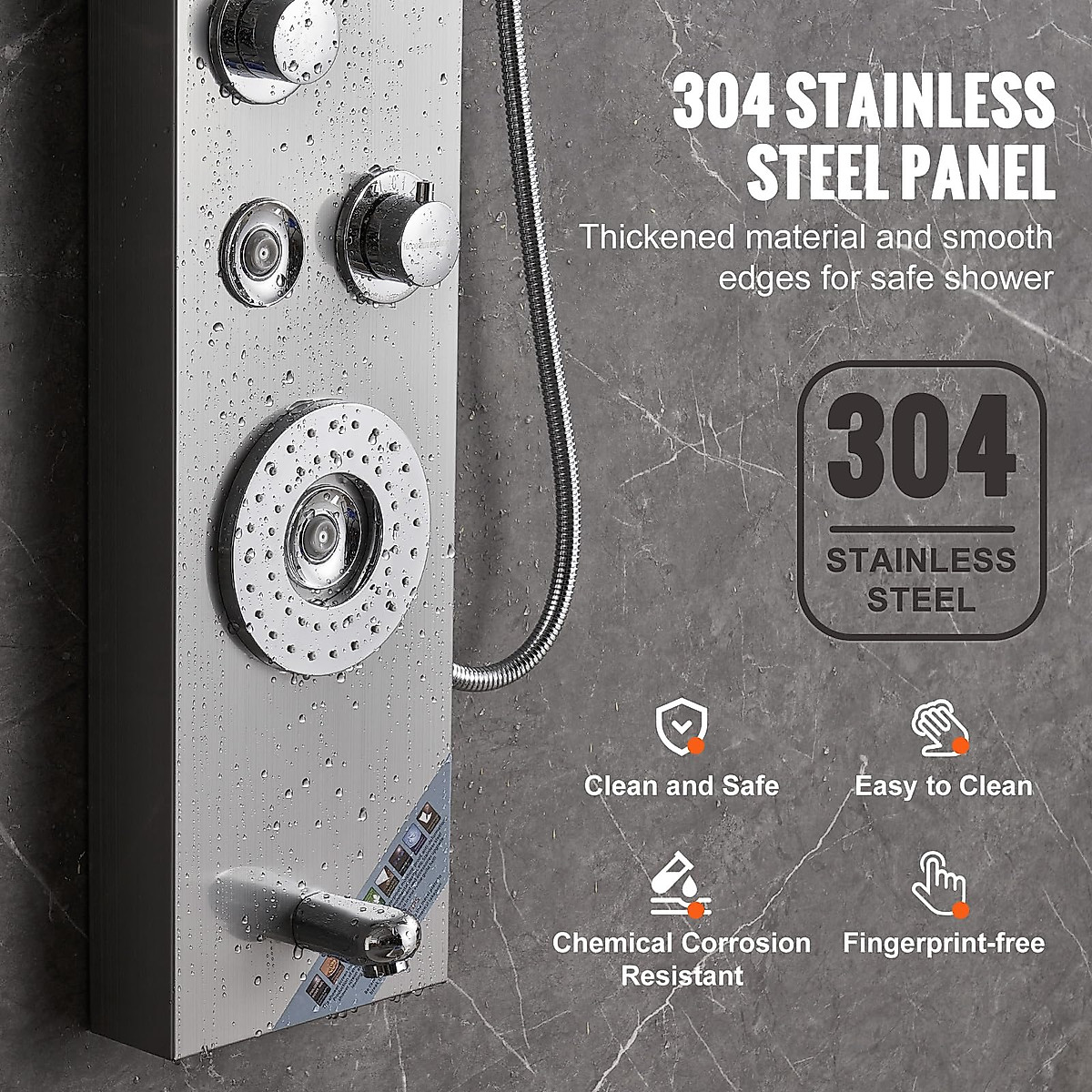 VEVOR Shower Panel System, 6 Shower Modes, LED & Display Shower Panel Tower, Rainfall, Waterfall, 4 Body Massage Jets, Tub Spout, Handheld Shower Head 59" Hose, Stainless Steel Wall-Mounted Shower Set