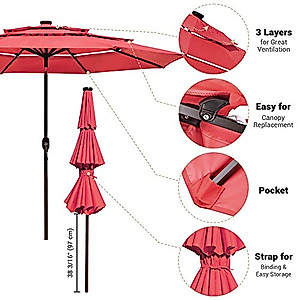 Yescom 10ft 3 Tier UV70+ Solar Powered Patio Umbrella with LED Crank Tilt Button Outdoor Home Garden Yard Deck