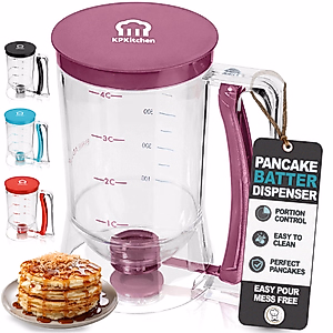 KPKitchen Pancake Batter Dispenser - Kitchen Must Have Tool for Perfect Pancakes, Cupcake, Waffle, Muffin Mix, Crepe & Cake - Easy Pour Baking Supplies for Griddle - Pancake Maker with Measuring Label