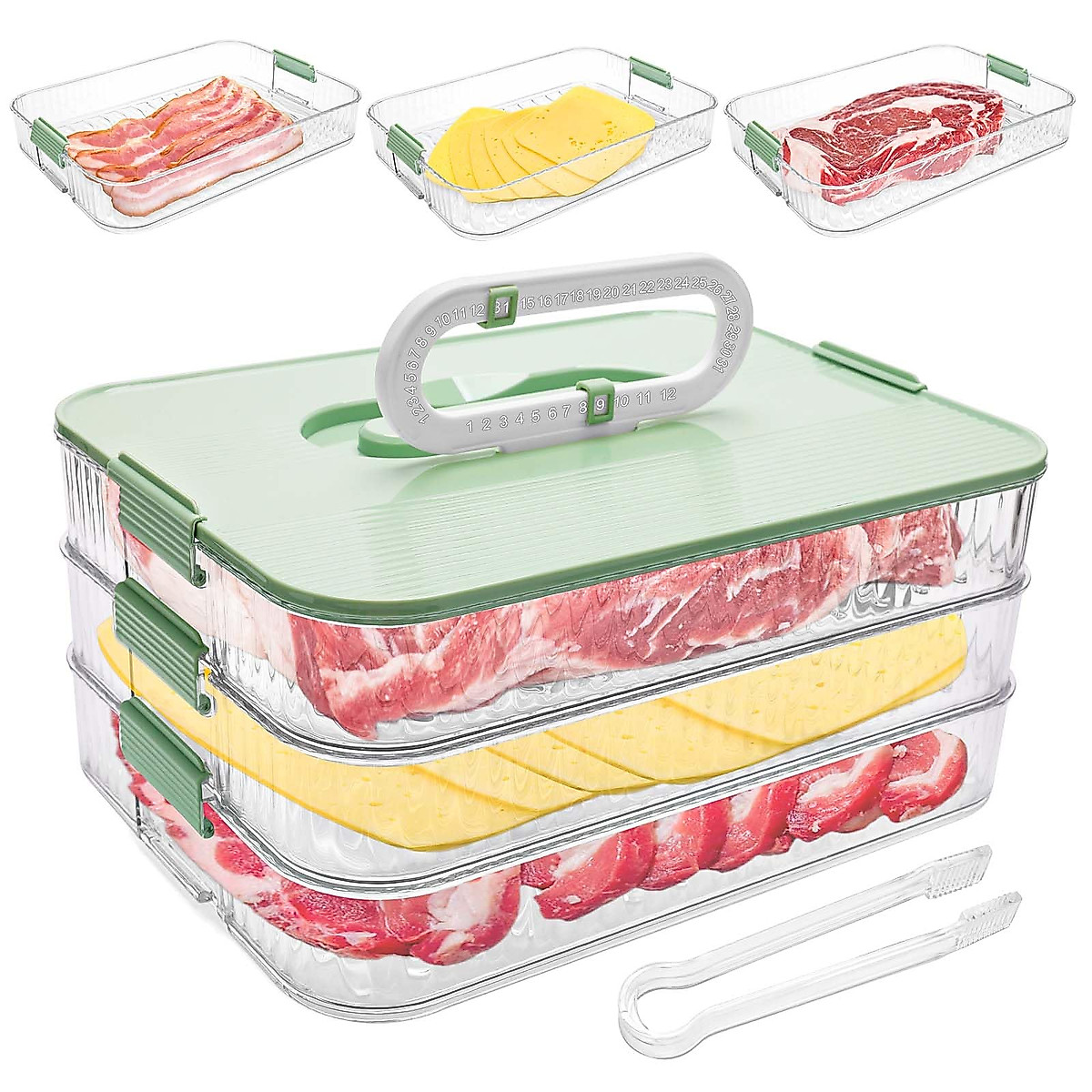 Windspeed Deli Meat Container for Fridge, 3 Layer Bacon Storage Container for Fridge Ham and Deli Meat and Cheese Containers Bacon Storage Container with Tongs