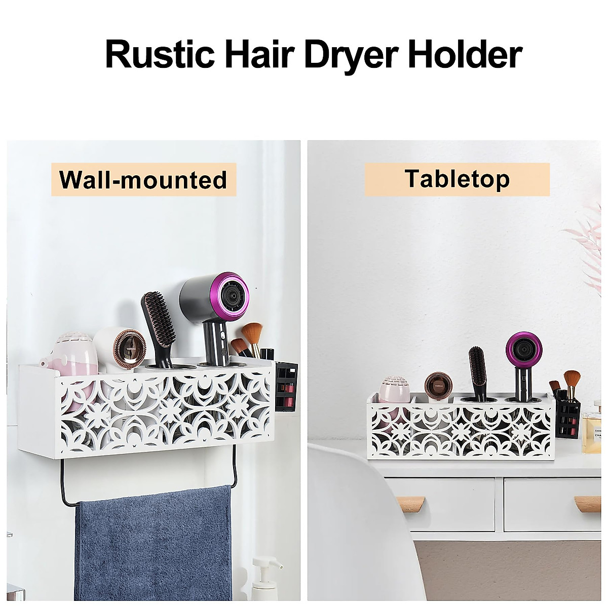 TRSPCWR Hair Tool Organizer Wall Mounted, Hair Dryer and Styling Holder with Towel Bar, Bathroom Blow Dryer Holder with Side Basket, Farmhouse Vanity Caddy Storage Stand for Accessories, Makeup