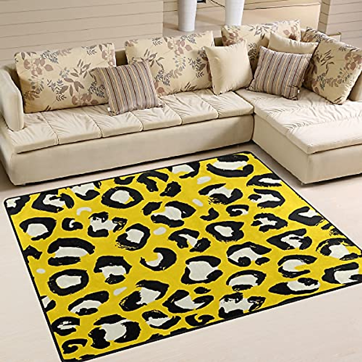 ALAZA Black Yellow Leopard Print Non Slip Area Rug 5' x 7' for Living Dinning Room Bedroom Kitchen Hallway Office Modern Home Decorative