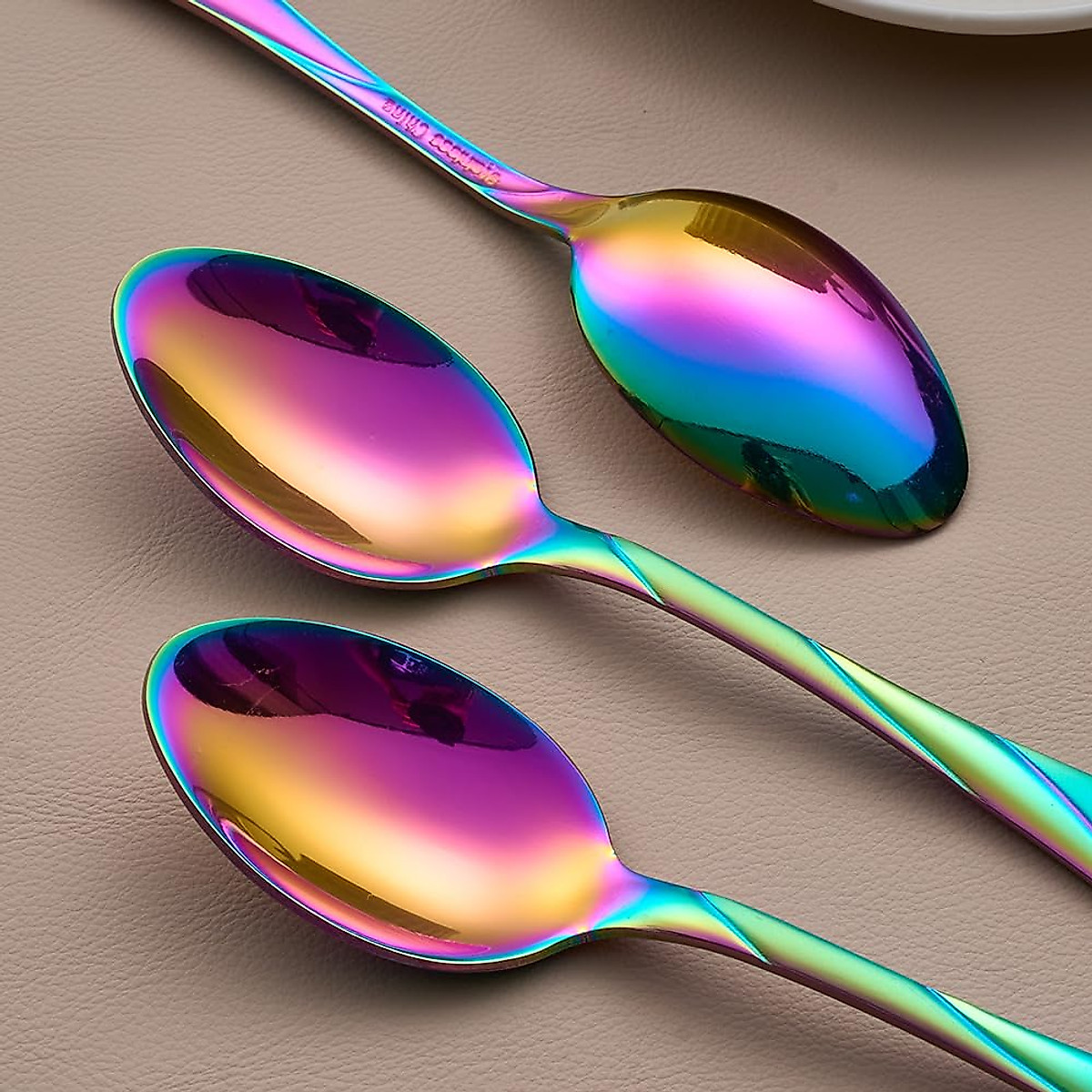 Rainbow Dessert Spoons, Seeshine 6.5-inch Stainless Steel Shiny Rainbow Teaspoon, Espresso Coffee Spoon, Tea Spoons Silverware, Set of 6