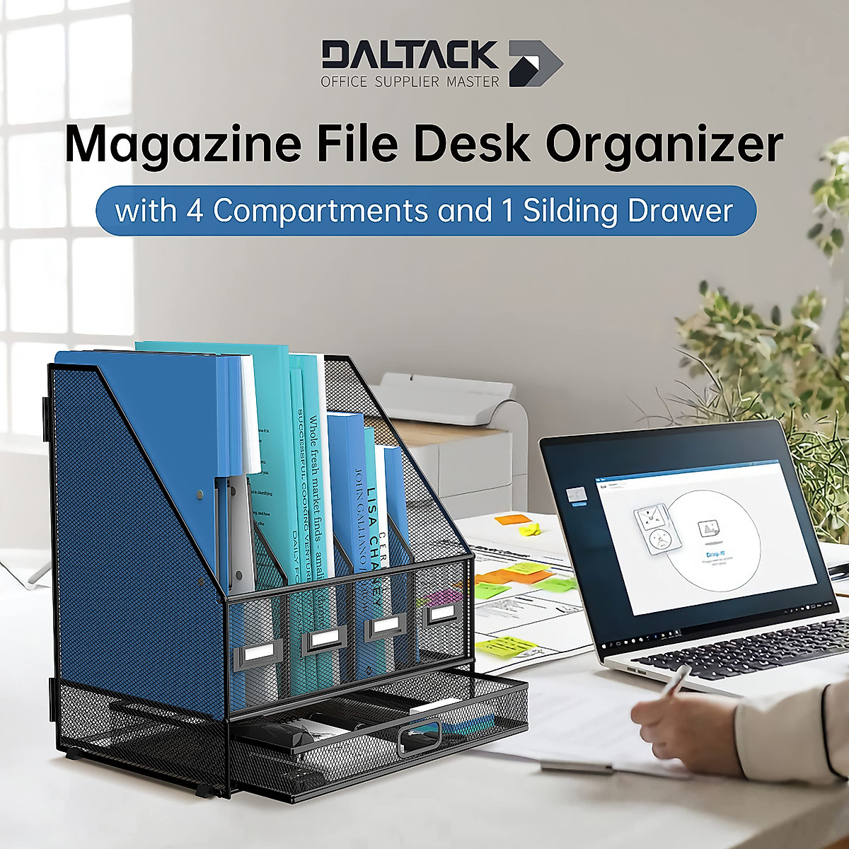 DALTACK Magazine File Holder, Desk Organizer with 4 Vertical File Holder and Drawer, Mesh File Organizer for Office Organization, Magazine Holder for Home Office School, Black