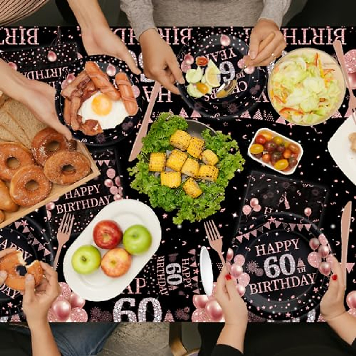142Pcs Rose Gold 60th Birthday Decorations-Happy 60th Birthday Disposable Tableware for Women Rose Gold Birthday Plates and Napkins Set Serves 20 Guests