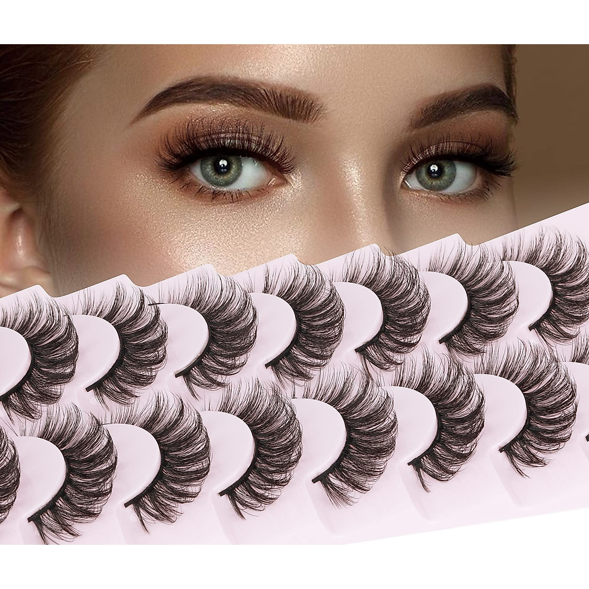 False Eyelashes Fluffy Mink Lashes Natural Wispy Medium Volume Eye Lashes 16MM C Curl Strip Lashes Extensions 8 Pairs Pack by Yawamica