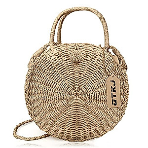 QTKJ Mini Beach Round Rattan Straw Bag, Summer Hand Woven Bali Straw Tote Crossbody Handbag for Womens, Round Handle Beach Handbags (Khaki)