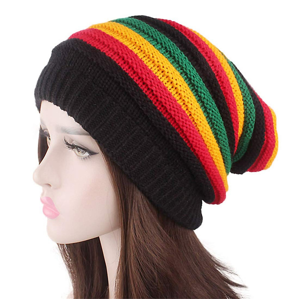 Qhome Fashion Jamaican Reggae Cap Multi-Colour Striped Rasta Hat Slouchy Baggie Beanie Skullies Gorro Rasta Women
