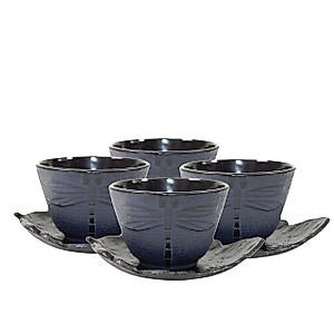 4 Black Tea Saucers and 4 Blue Dragonfly Cast Iron Teacups Hobnail Dot Japanese Styel ~ We Pay Your Sales Tax