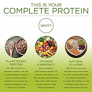 TRU Plant Based Protein Powder, BCAA, EAA, 20g Vegan Protein, 100 Calories, 27 Vitamins, No Artificial Sweeteners 25 Servings (Birthday Cake)