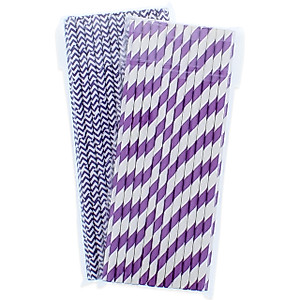 Party On Tap Purple Straws - 50 Pack Of Biodegradable Striped Paper Straws For Parties, Cake Pop Sticks, And More