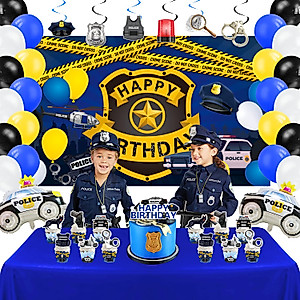 LXlucktim Police Birthday Party Supplies, 159 Pcs Police Cars Party Decorations for Girl Boy Baby - Backdrop, Cake, and Cupcake Toppers, Balloons, Cupcakes Wrappers, Hanging Swirls