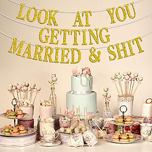 Look at You Getting Married Banner, Backdrop for Wedding Engagement Bridal Shower Party Decorations Supplies, Gold Glitter
