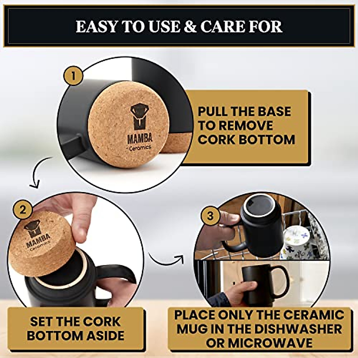 Cork Base Ceramic Mug with Lid (Set of 2) - 17 oz. Oversized Coffee Mugs Set with Removable Insulated Cork Bottom & Spillproof Lids - Great for Tea & Hot Cocoa - Wash in Dishwasher - BLACK