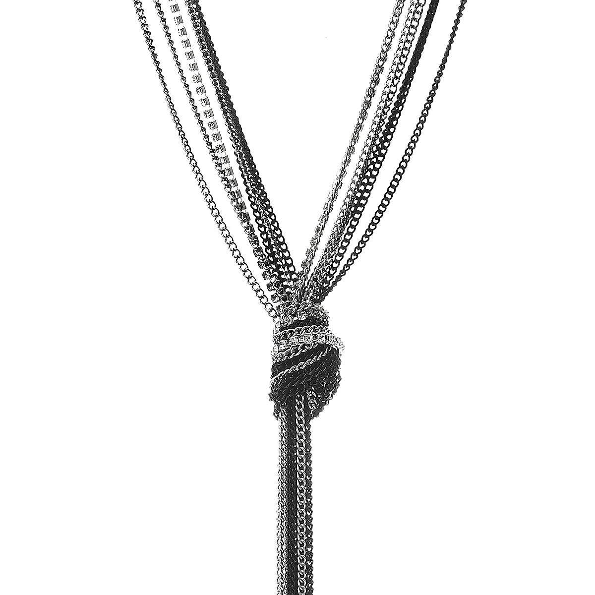 COOLSTEELANDBEYOND Chic Silver Black Lariat Necklace Tassel Pendant with Rhinestones, Multi-strand Long Chains Y-Shape