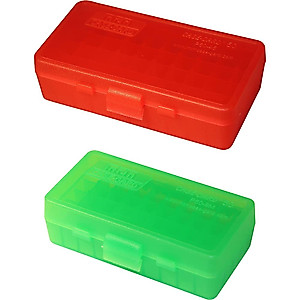 MTM 40/45/10MM Cal 50 Round Flip-Top Ammo Box, Red & MTM 380/9MM Cal 50 Round Flip-Top Ammo Box, Clear Green