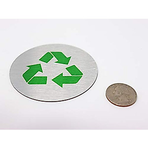 Metal Recycle Signs | Recycle Bin Marker | Metal Sign for Recycling Basket | 3" Round, Brushed Silver Aluminum with Green Recycle Symbol | Made in the USA