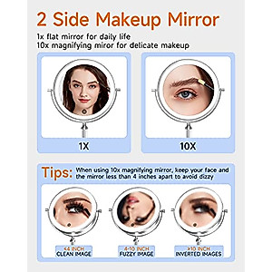 Lighted Makeup Mirror with Magnification, 1X 10X Magnifying Mirror with Light, 8'' HD Double Sided Tabletop Vanity Mirror, Rechargeable 3 Color LED Dimmable Desk Lit Cosmetic Mirror, Girl Women Gifts