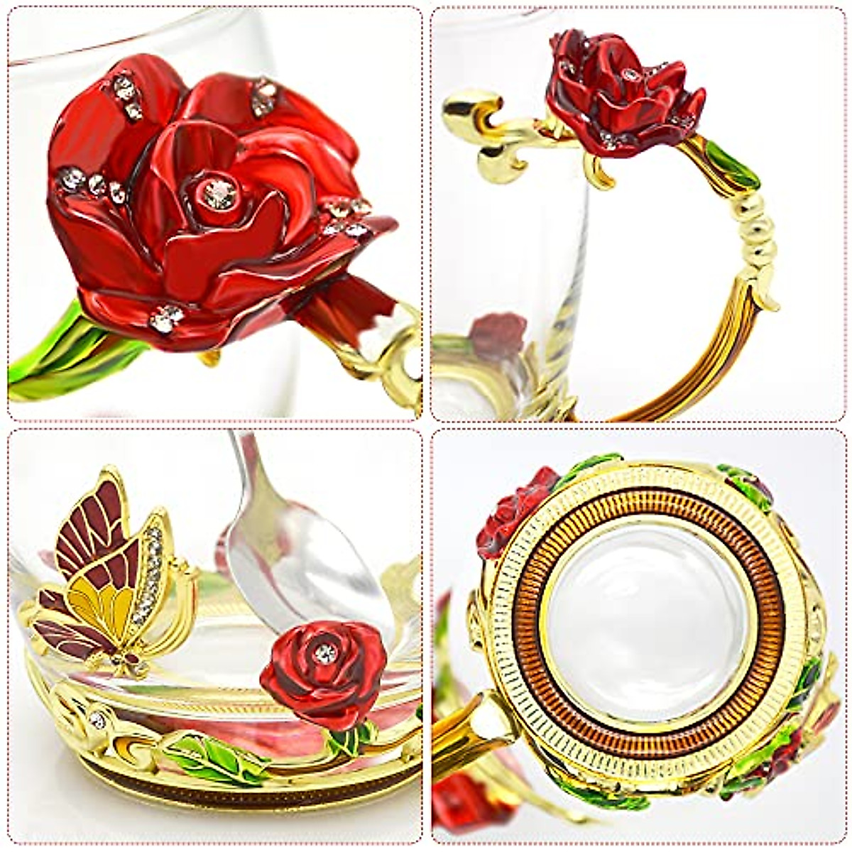 Mothers Day Gift for Mom Enamel Glass Mug Fancy Flower Tea Cup Glass Coffee Mug 12 Oz with Spoon Valentines Day Birthday Graduation Gifts 2023 Bridesmaid Gifts Teacher Appreciation Gifts (Red)