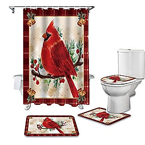 OneHoney 4 Piece Christmas Shower Curtain Sets with Non-Slip Rugs, Watercolor Cardinal Berry Bathroom Waterproof Curtains, Poinsettia Flower Doormat, Toilet Lid Cover and Bath Mat