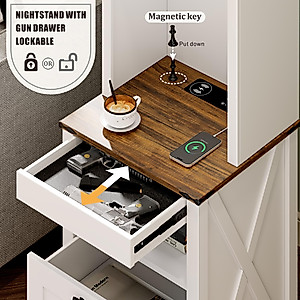 FREDEES Farmhouse Tall Bedside Table Set 2, Nightstand with Drawers & Adjustable Sheves, LED Night Stand with Gun Drawer, Smart End Table for Bedroom, Antique White