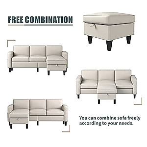 Small Sectional Sofa, Convertible L-Shaped Couch with Reversible Storage Chaise & Storage Side Pockets, 3-Seat Modular Sofa for Living Room, Apartment, Dorm, Small Space (Beige)