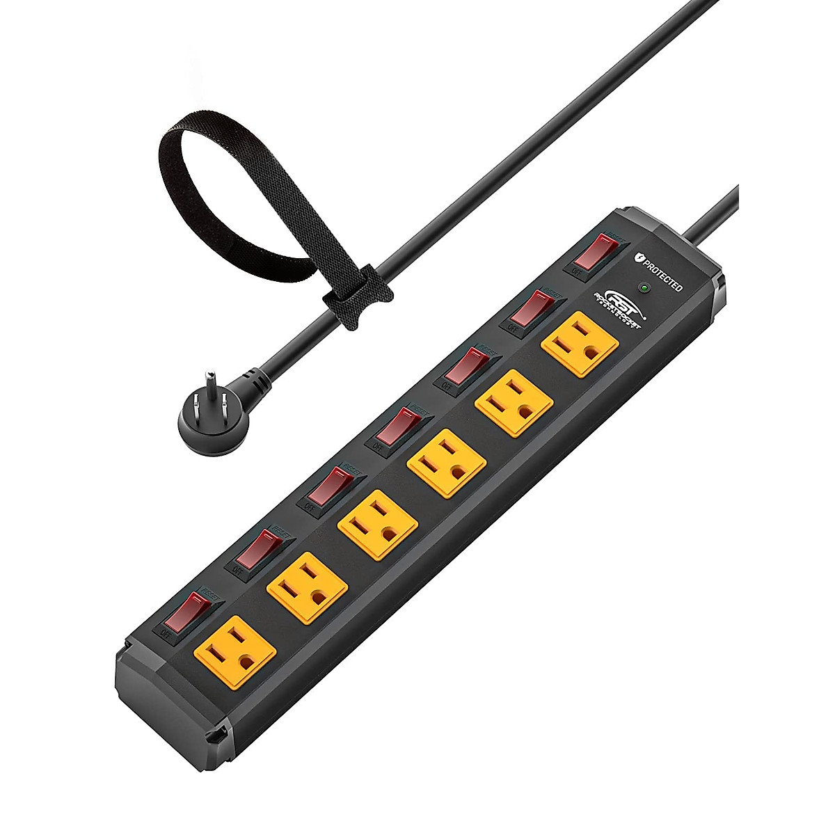 Power Strip with Individual Switches and Flat Plug, CRST 6-Outlet Metal Heavy Duty Surge Protector (1200 Joules), 6-Feet 14AWG Cord with Hook and Loop Fastener, 15A Circuit Breaker