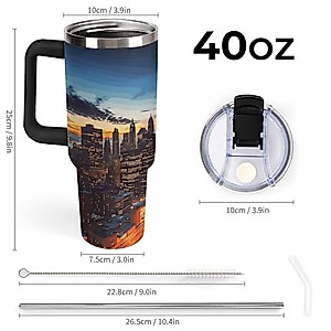 LLUTSNTH 40 Oz Vacuum Tumbler with Black Handle Leakproof Insulated Tumbler New York City Scenery Stainless Steel Travel Mug with Lid And Straw Coffee Cup Cute Water Bottles Cup Holder Friendly