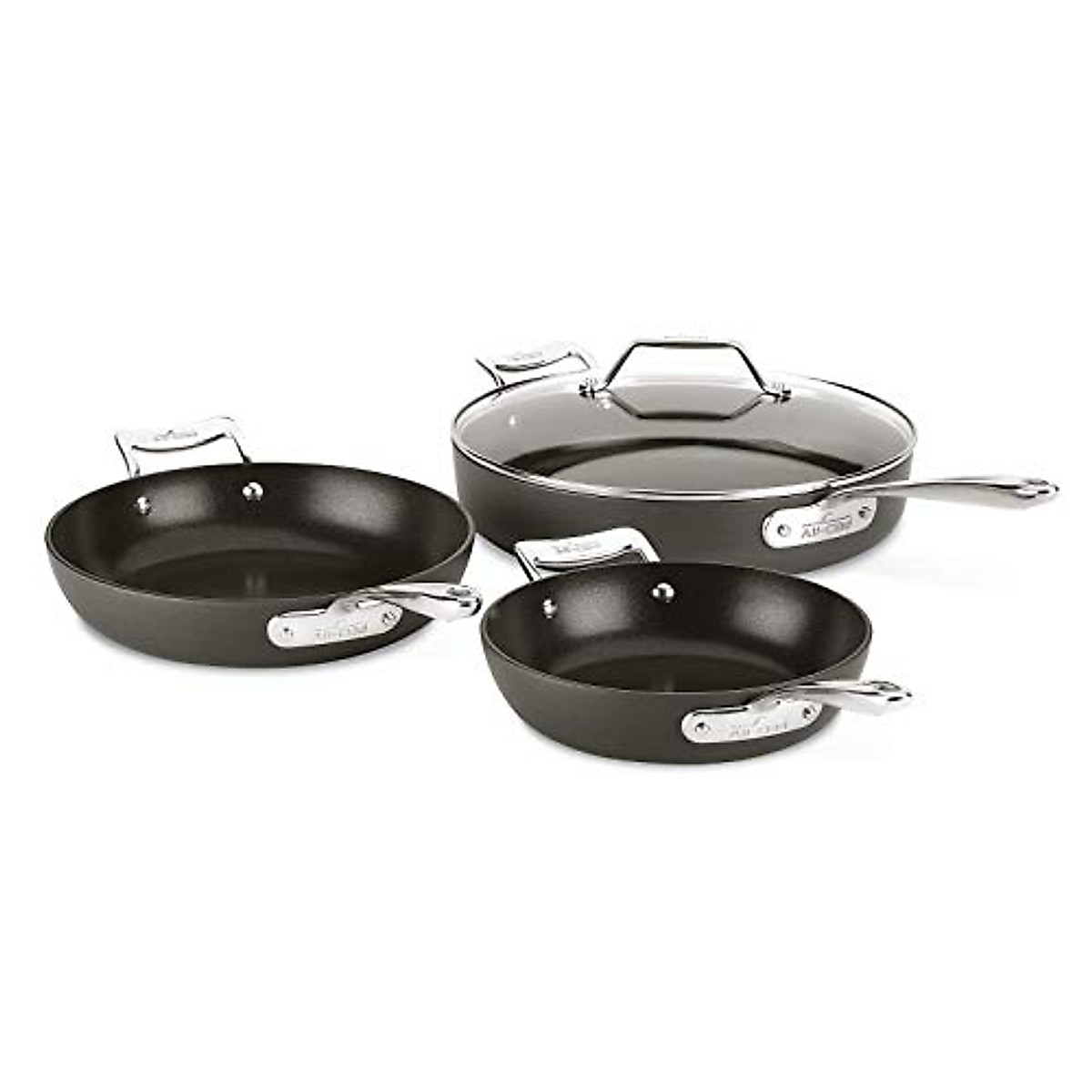 All-Clad Essentials Hard Anodized Nonstick 4 Piece Sauce Pan Set 8, 10.25 Inch, 4 Quart Pots and Pans, Cookware Black & HA1 Hard Anodized Nonstick Griddle 11 x 11 Inch Pots and Pans, Cookware Black