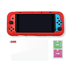 Teyomi Protective Silicone Case for Nintendo Switch, Grip Cover with Tempered Glass Screen Protector, 2 Storage Slots for Game Cards, Shock-Absorption & Anti-Scratch (Red)