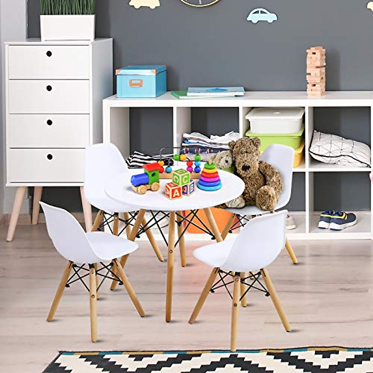 HAPPYGRILL 5-Pieces Kids Table Chairs Set Modern Style Toddler Children Dining Gaming Table Set
