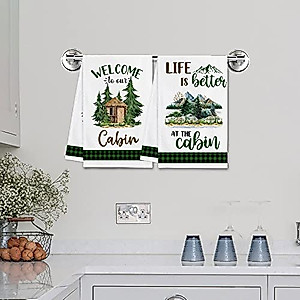 Hexagram Cabin Decor, Cabin Kitchen Towels Set of 4, Farmhouse Bear Deer Tea Towels, Log Cabin Decor, Rustic Decorative Hand Towels for Kitchen, New Home Housewarming Gifts